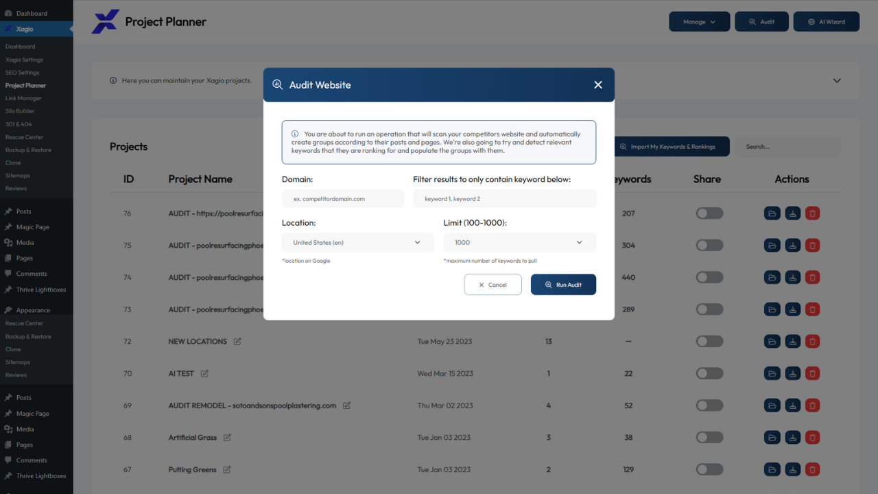 Xagio Audits & Wizards For Keyword Research